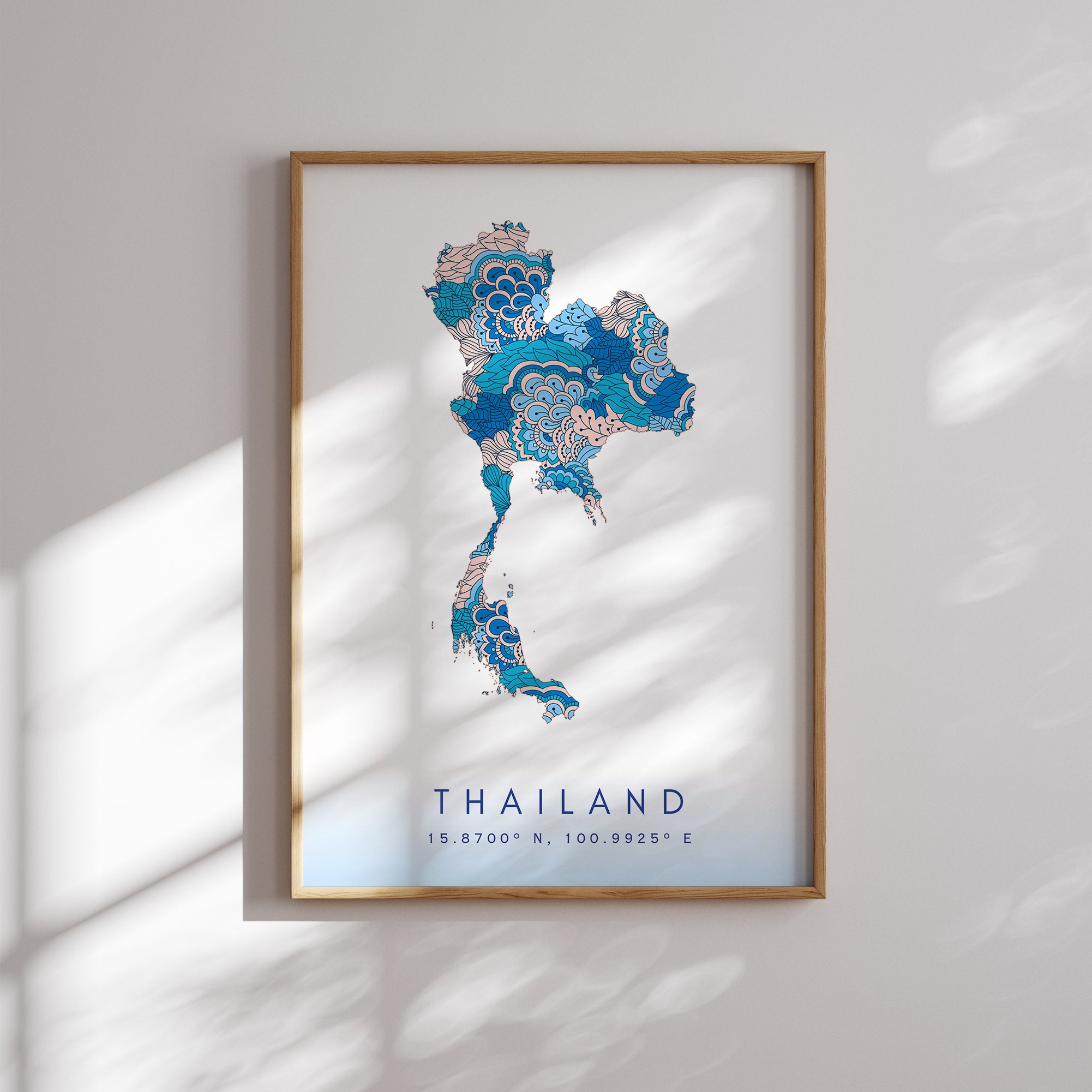 Thailand Map Print Minimal Style Pastel Blue Wall Art, Thailand Art ...