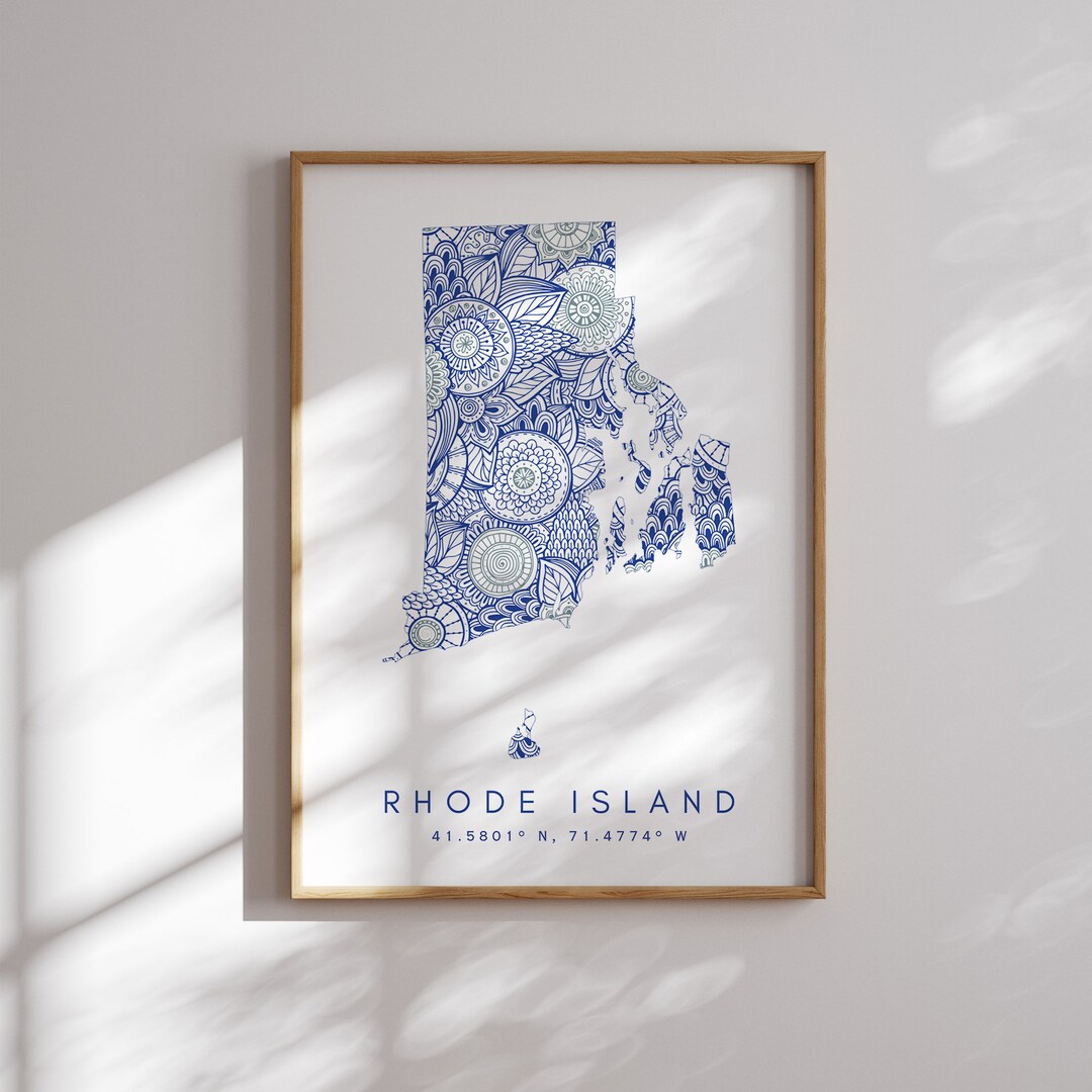 Rhode Island US State Blue Minimal Style Map Print, Rhode Island USA ...