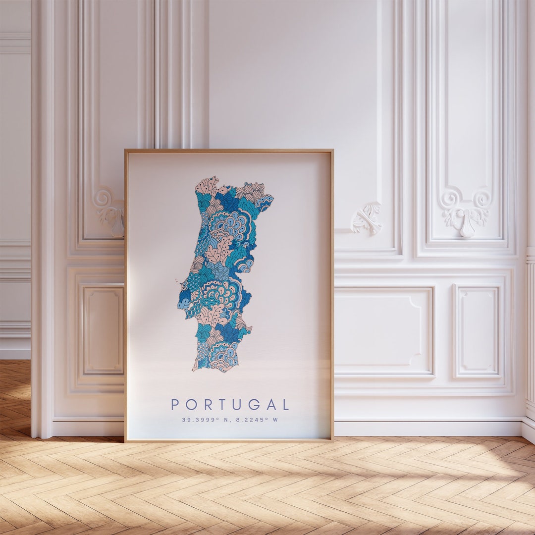 Portugal Map Print Minimal Style Pastel Blue Wall Art, Portugal Art ...