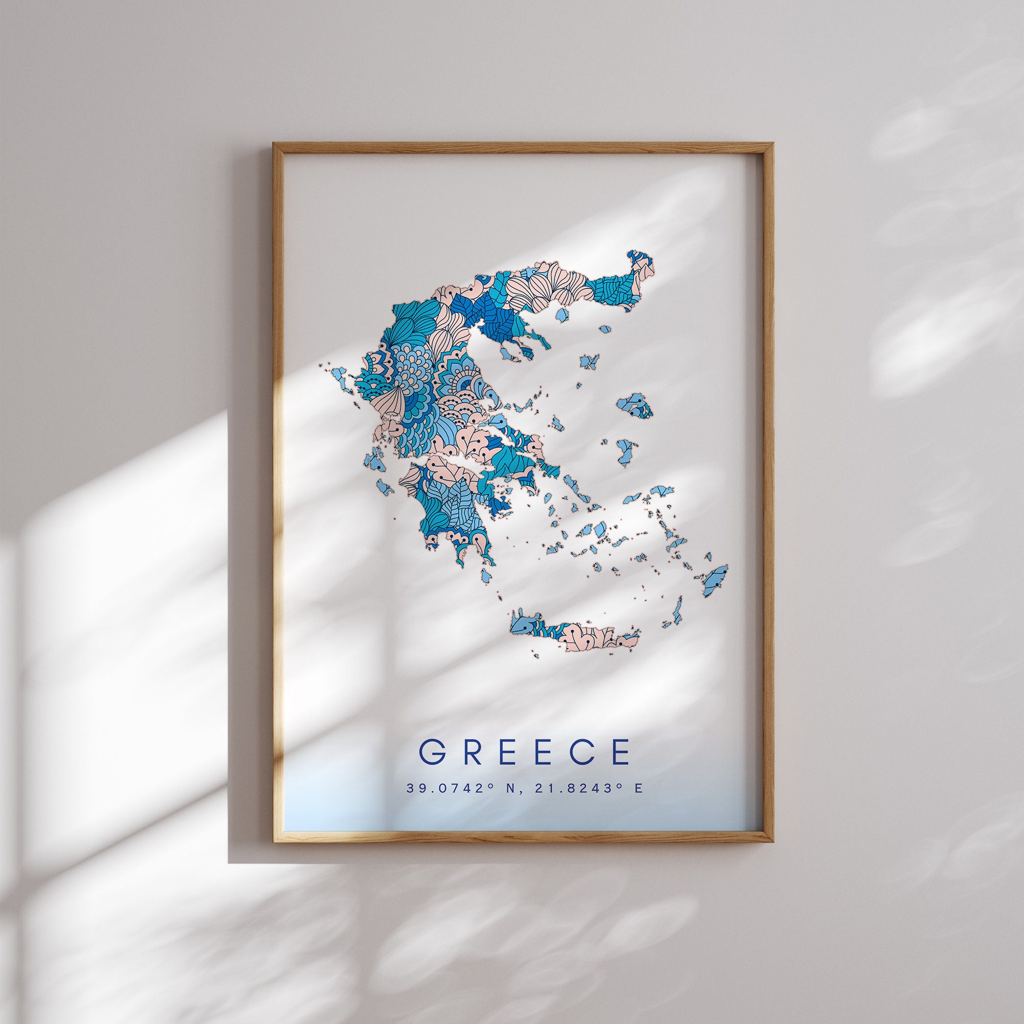 Greece Designer Map Print Blue Wall Art, Greece Art Print Decor for ...