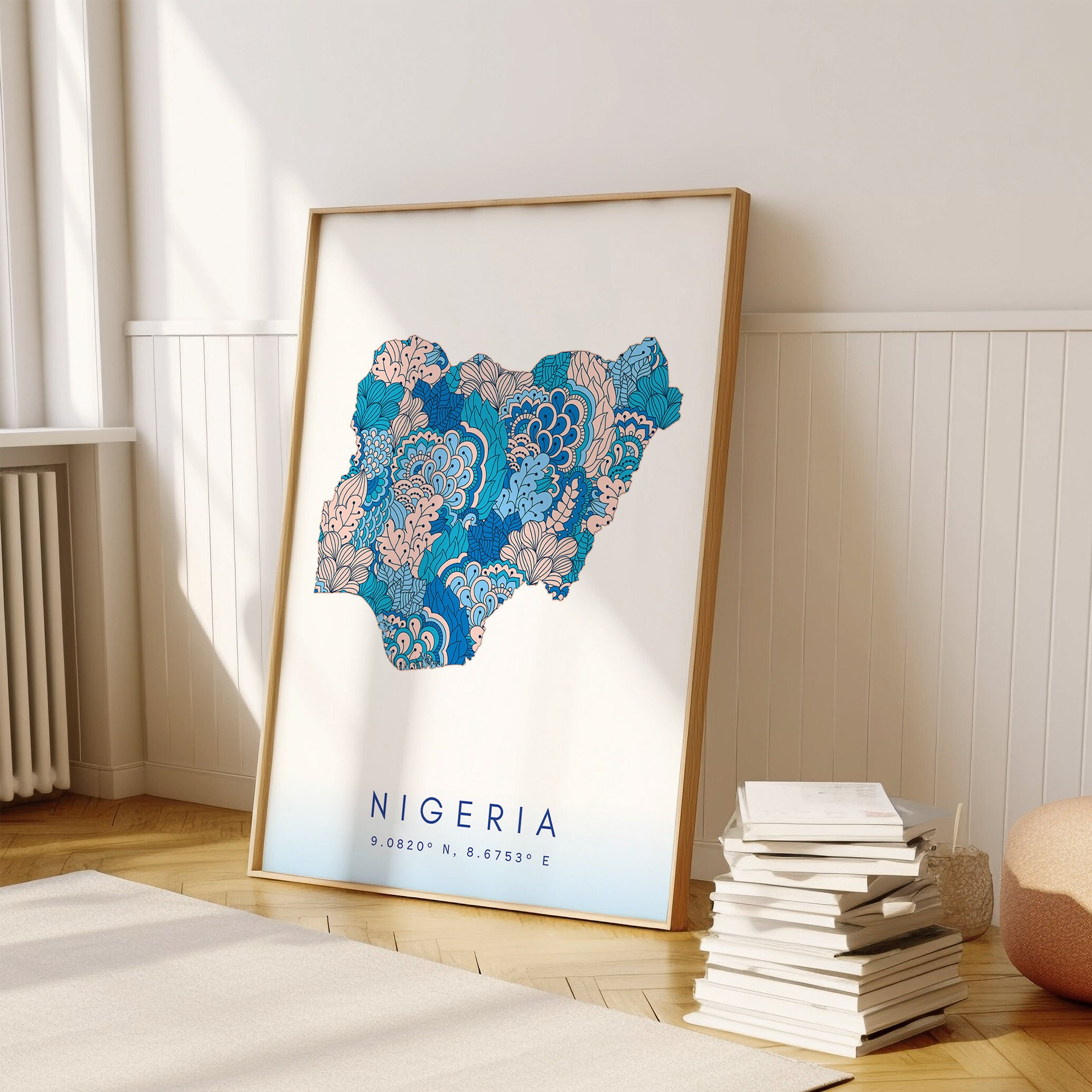 Nigeria Map Print Minimal Style Pastel Blue Wall Art, Nigeria Art Print ...