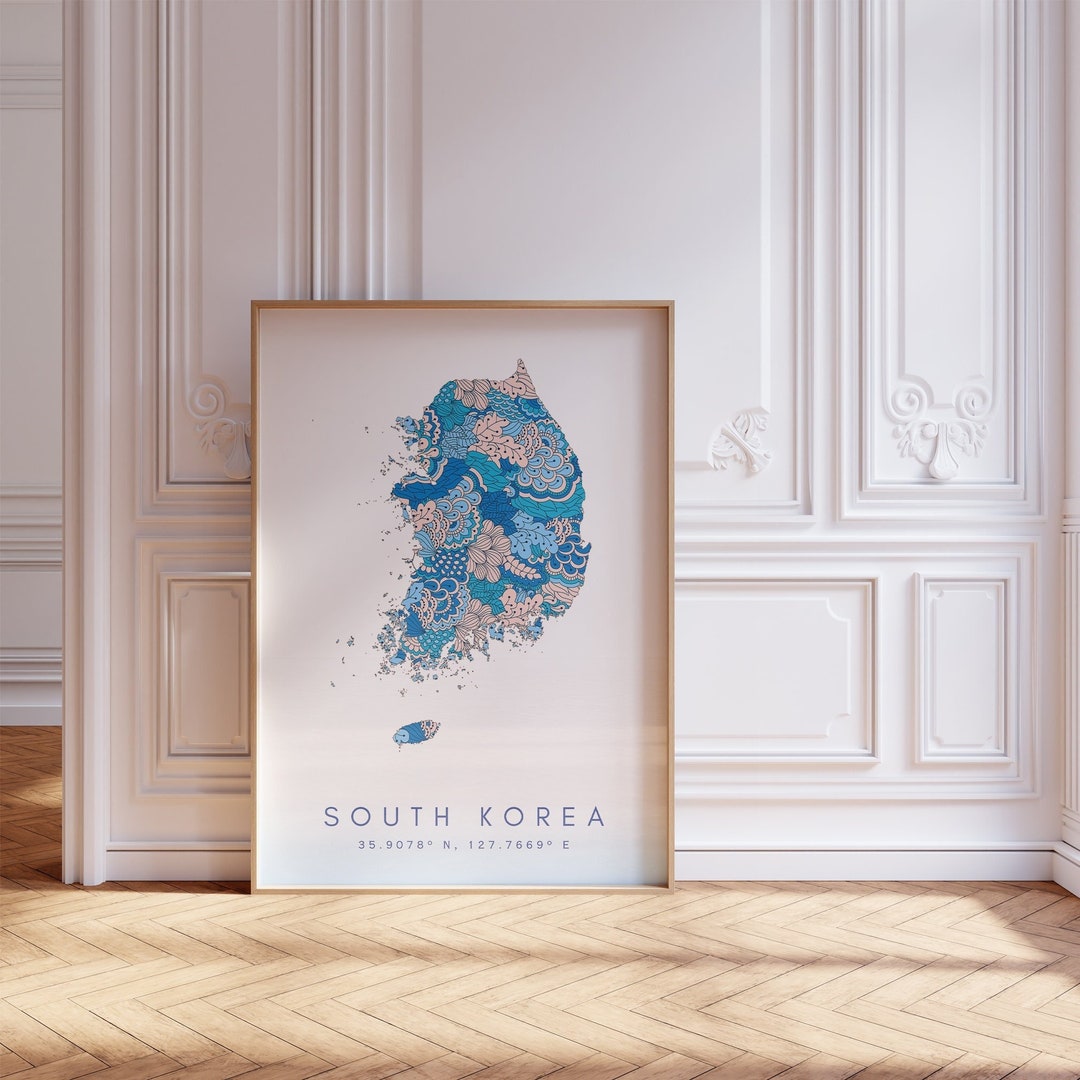 South Korea Map Print Minimal Style Pastel Blue Wall Art, South Korea ...