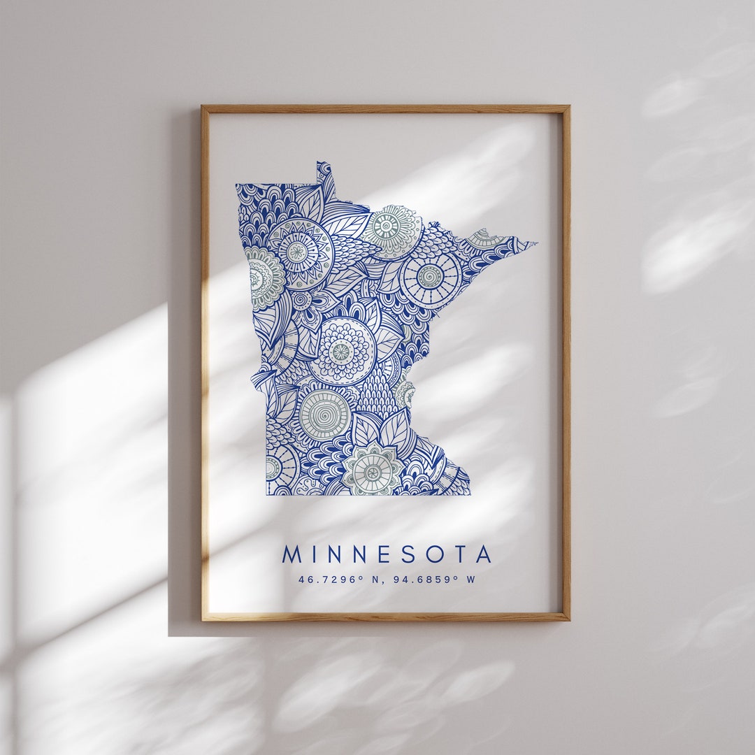 Minnesota US State Blue Minimal Style Map Print, Minnesota USA State ...
