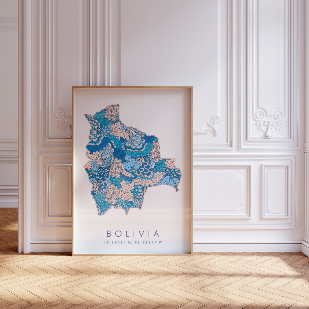 Bolivia Designer Map Print Blue Wall Art, Bolivia Art Print Decor for ...