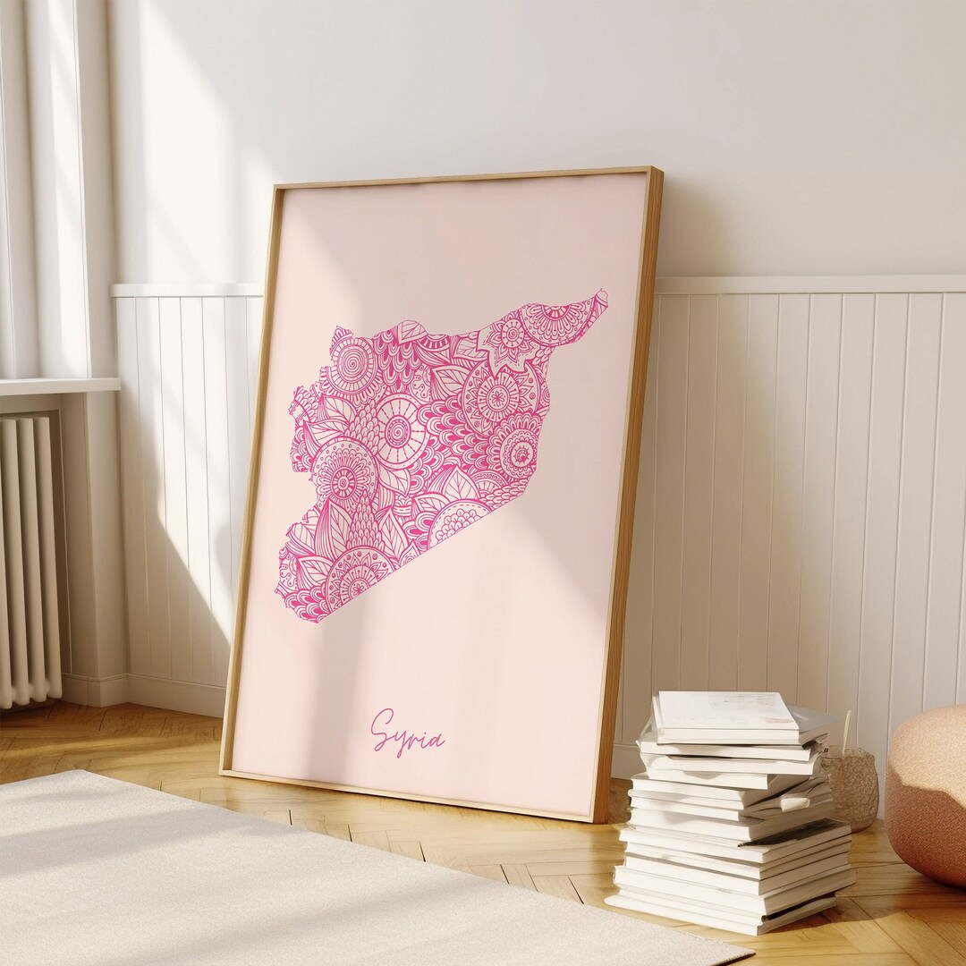 Syria Digital Pink Minimal Map Print Wall Art, Syria Map Art Print ...