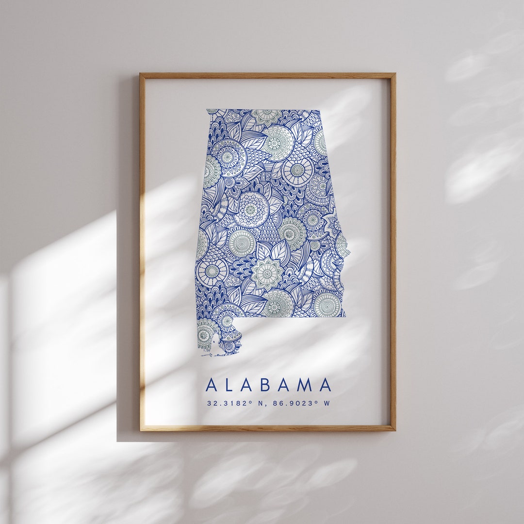 Alabama US State Blue Minimal Style Map Print, Alabama USA State Map ...
