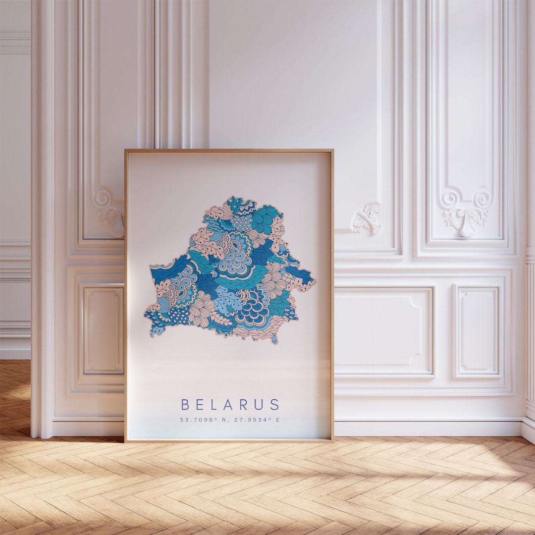 Belarus Designer Map Print Blue Wall Art, Belarus Art Print Decor for ...