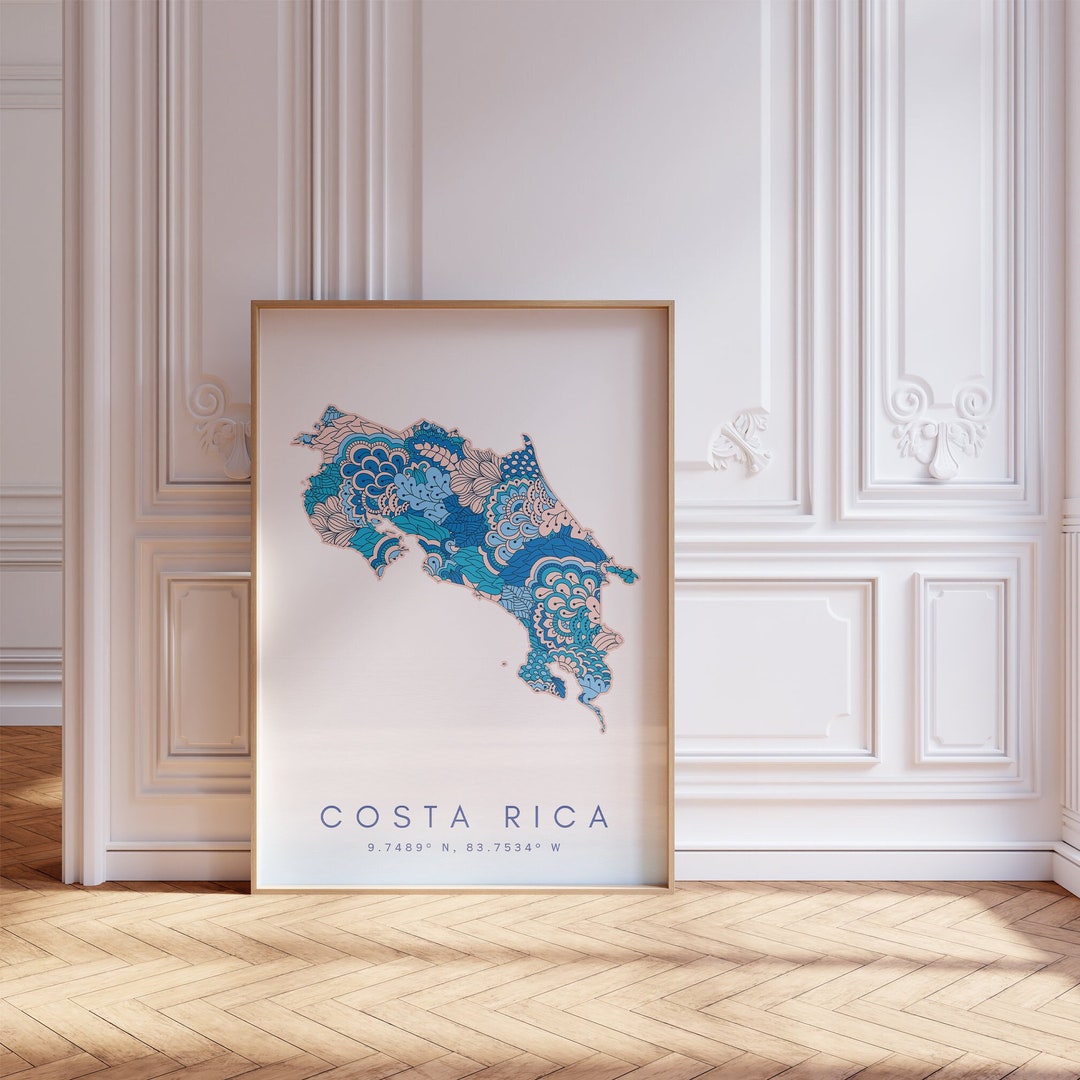 Costa Rica Designer Map Print Blue Wall Art, Costa Rica Art Print Decor ...
