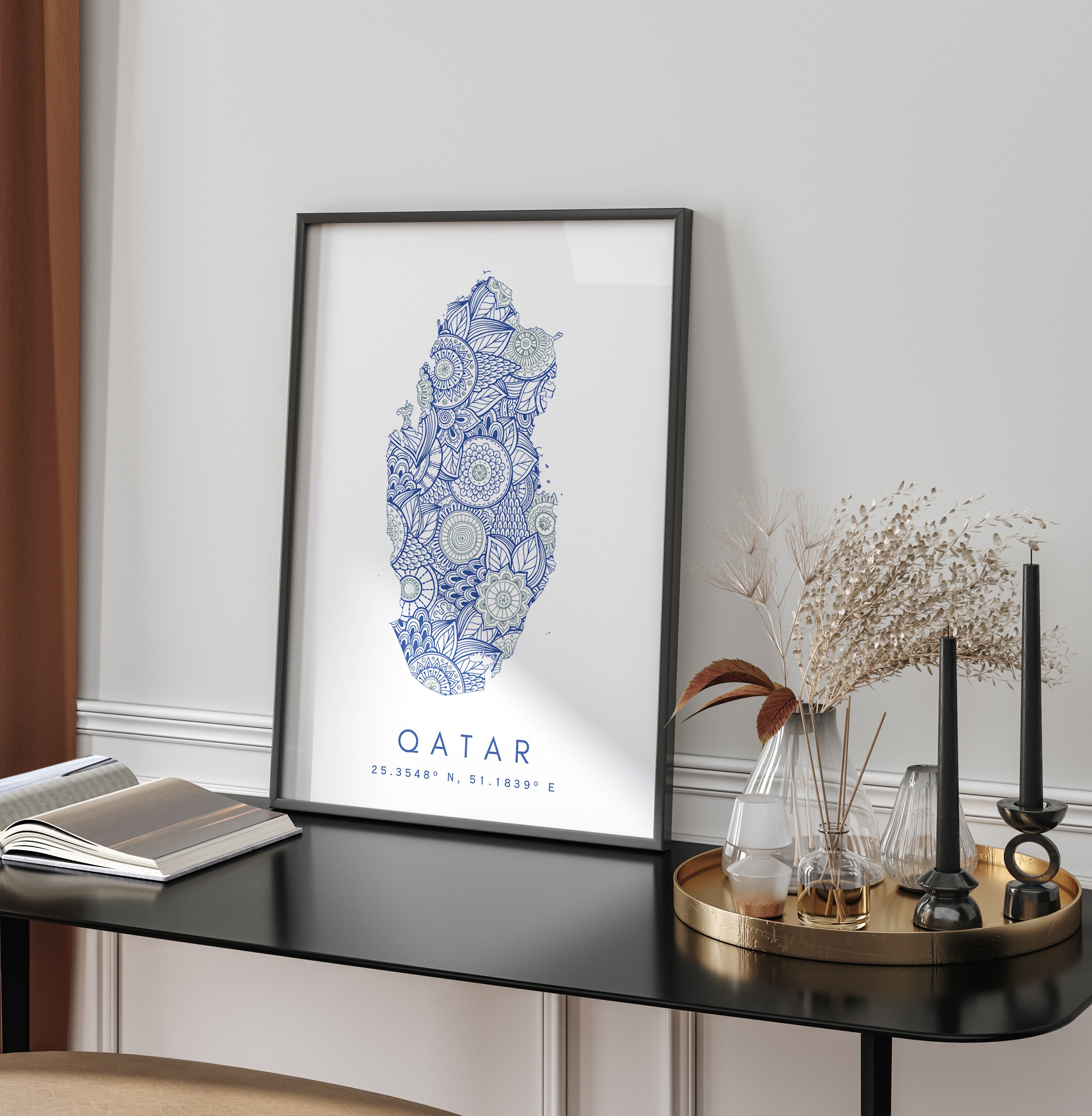 Qatar Map Print Minimal Style Blue Wall Art, Qatar Art Print Decor for ...