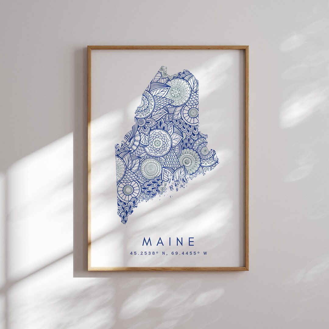 Maine US State Blue Minimal Style Map Print, Maine USA State Map Art ...