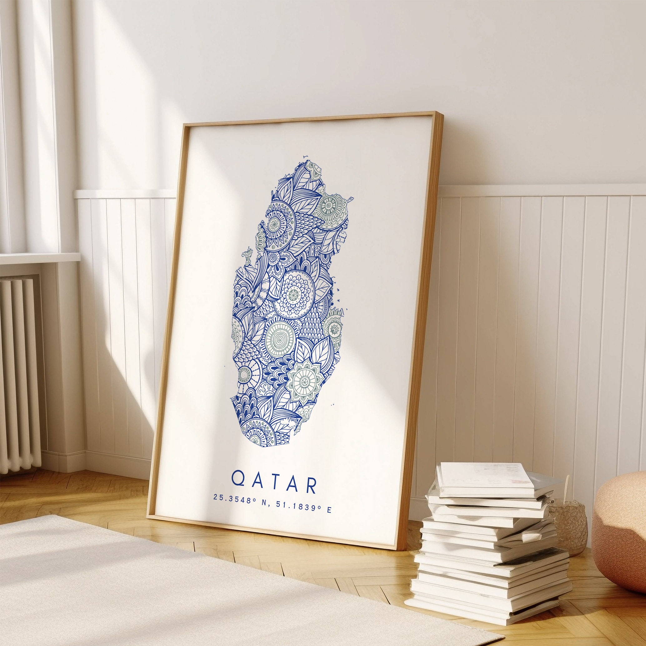 Qatar Map Print Minimal Style Blue Wall Art, Qatar Art Print Decor for ...