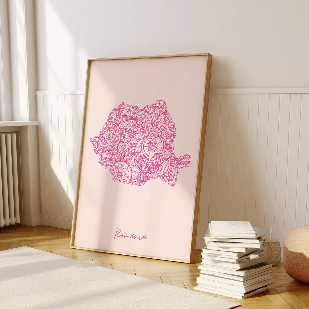 Romania Digital Pink Minimal Map Print Wall Art, Romania Map Art Print ...