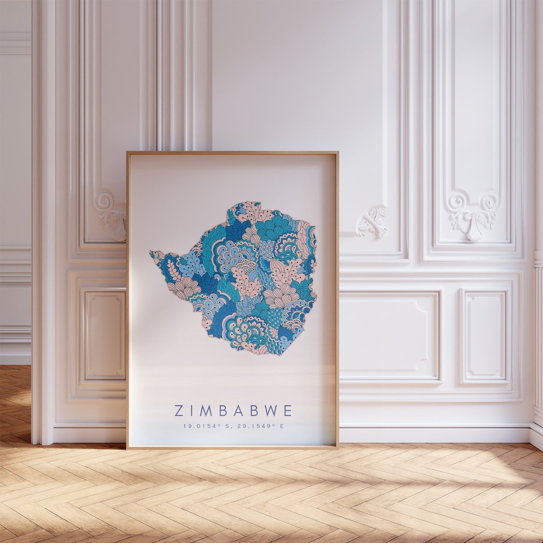 Zimbabwe Map Print Minimal Style Blue Wall Art, Zimbabwe Art Print ...