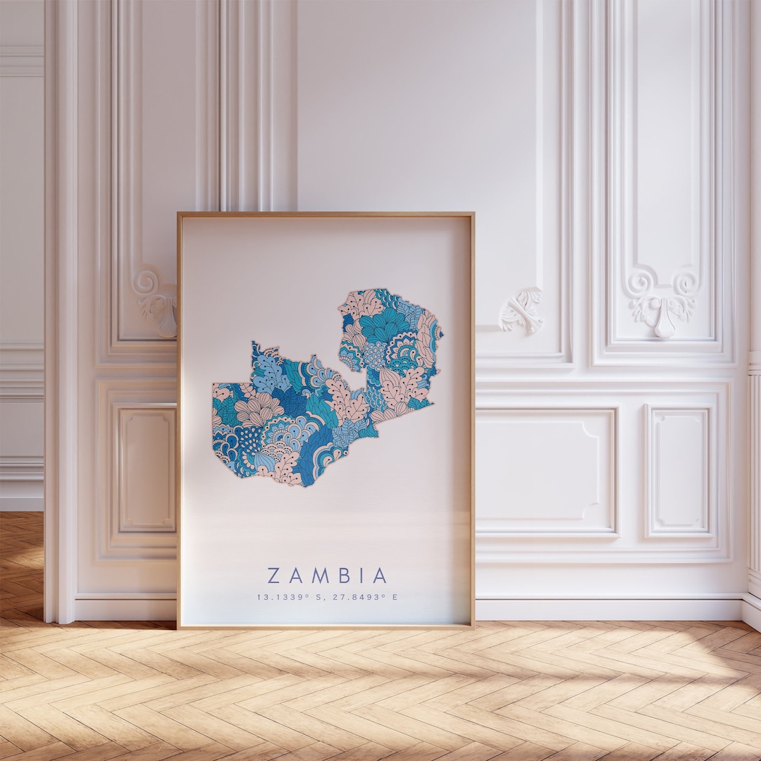 Zambia Map Print Minimal Style Pastel Blue Wall Art, Zambia Art Print ...