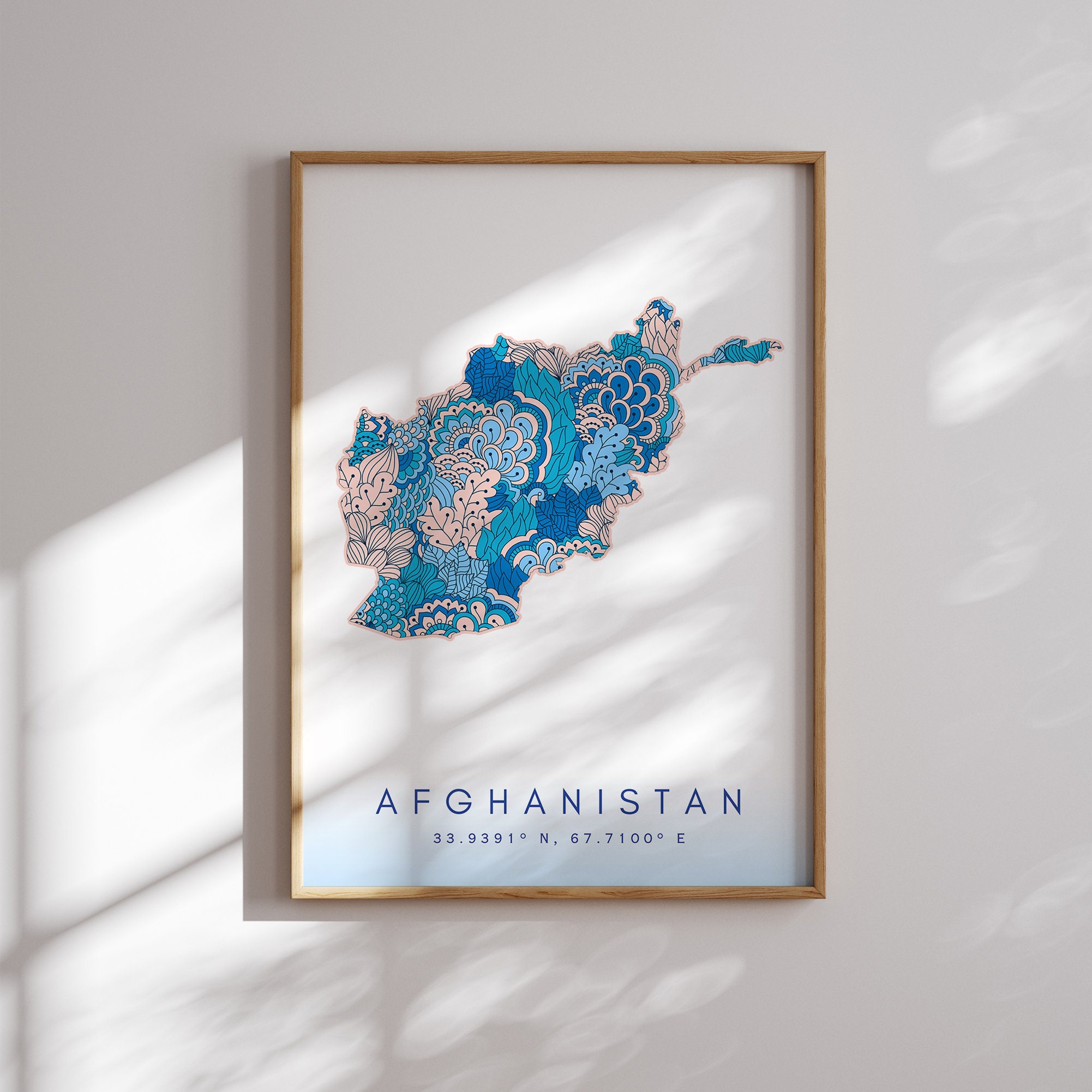 Afghanistan Designer Map Print Blue Wall Art, Afghanistan Art Print ...