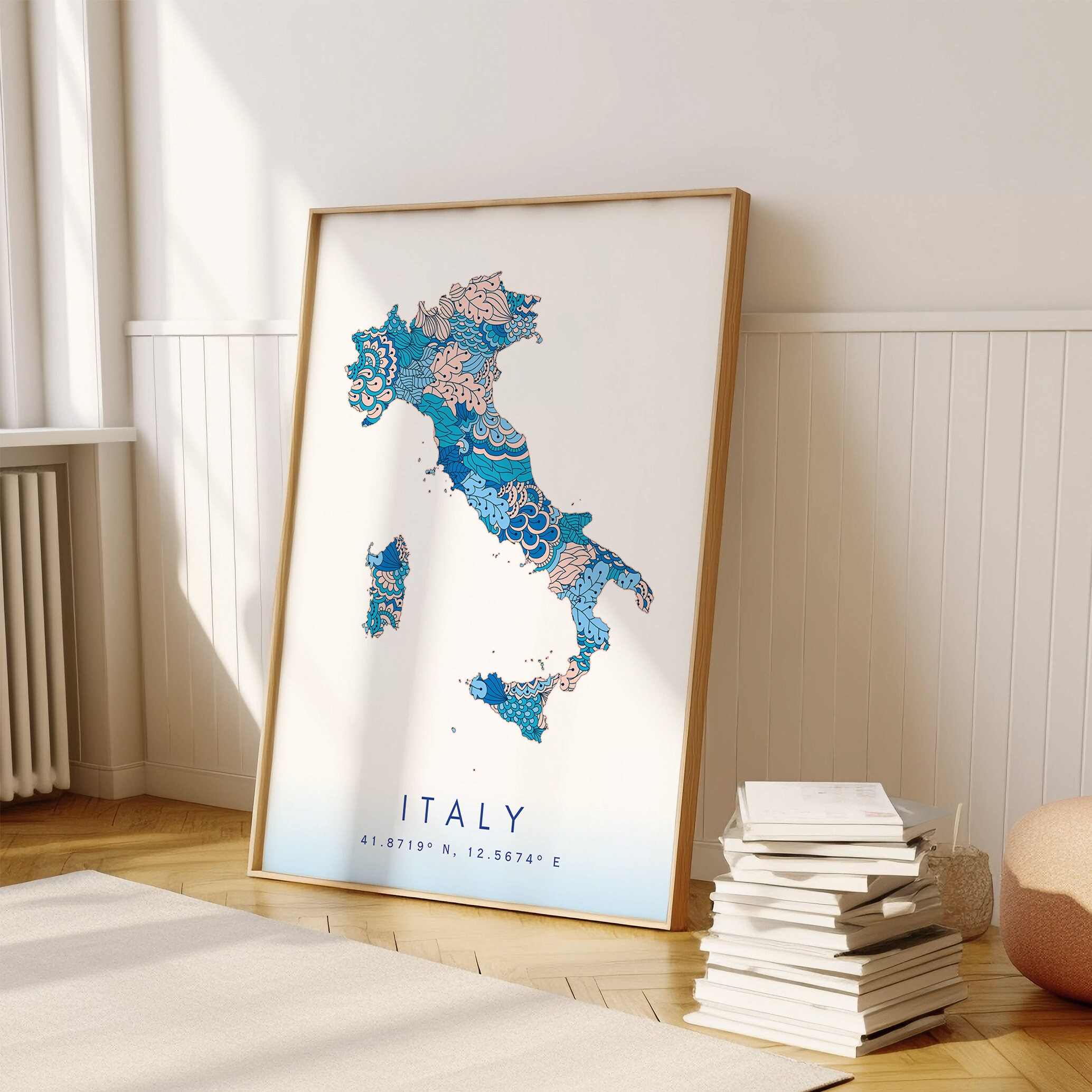 Italy Map Print Minimal Style Pastel Blue Wall Art, Italy Art Print ...
