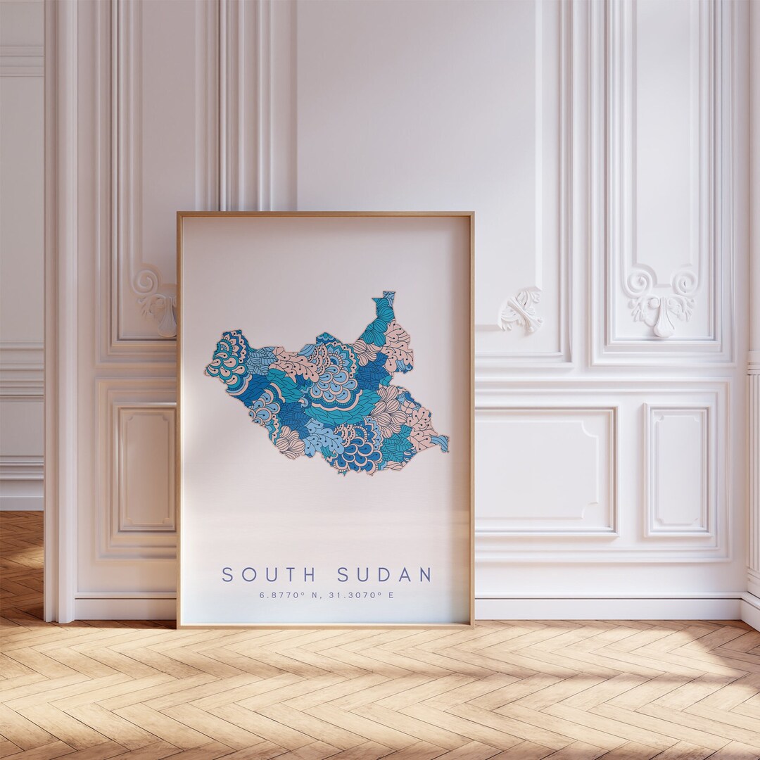 South Sudan Map Print Minimal Style Pastel Blue Wall Art, South Sudan ...