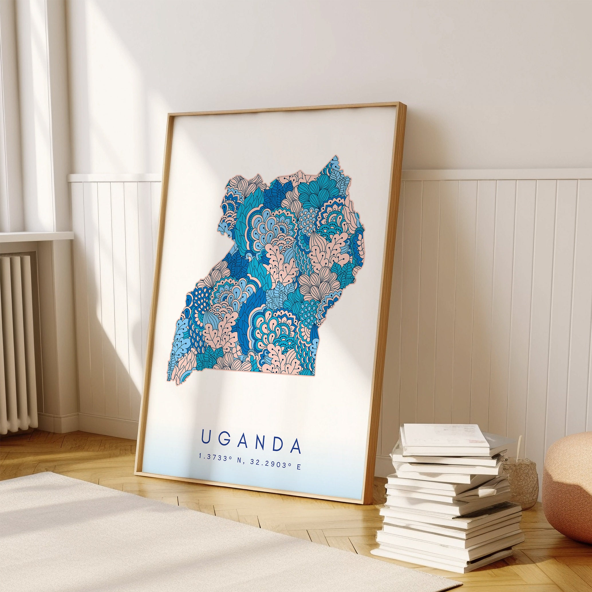 Uganda Map Print Minimal Style Pastel Blue Wall Art, Uganda Art Print ...