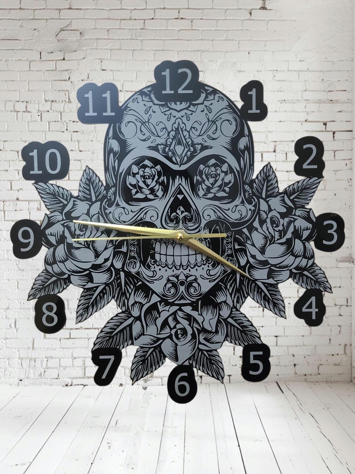 Skull With Roses Laser Engraved and Cut Wall Clock 3mm Black Cast ...