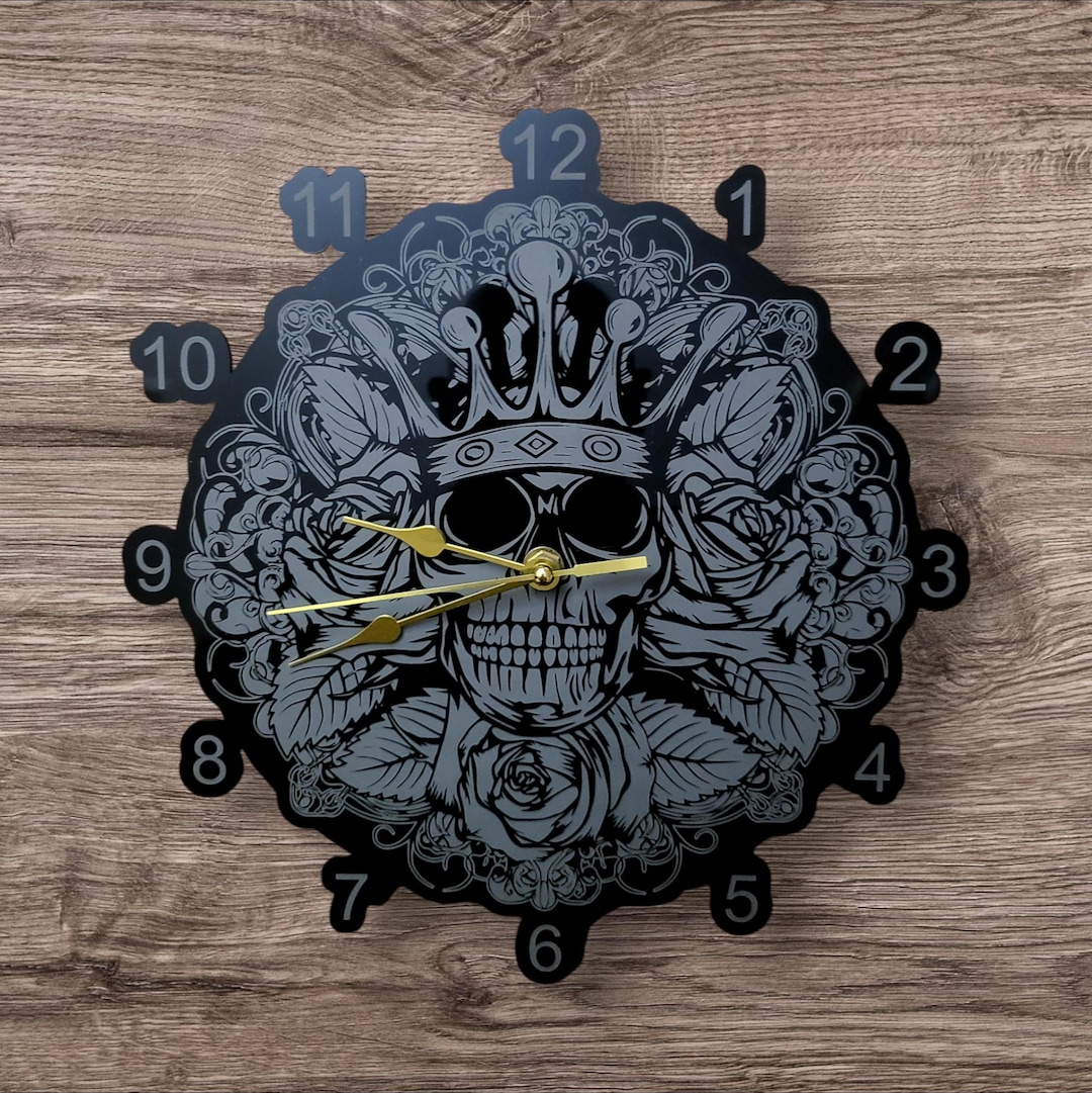 Skull With Crown Laser Engraved and Cut Wall Clock 3mm Black Cast ...