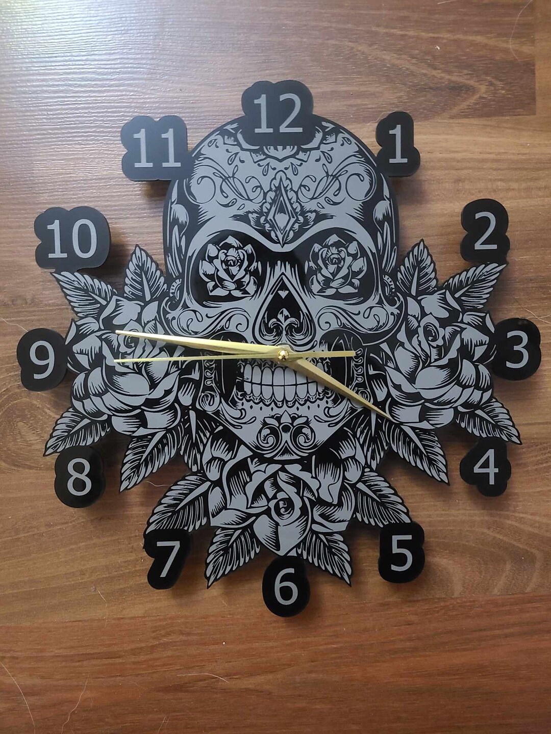 Skull With Roses Laser Engraved and Cut Wall Clock 3mm Black Cast ...