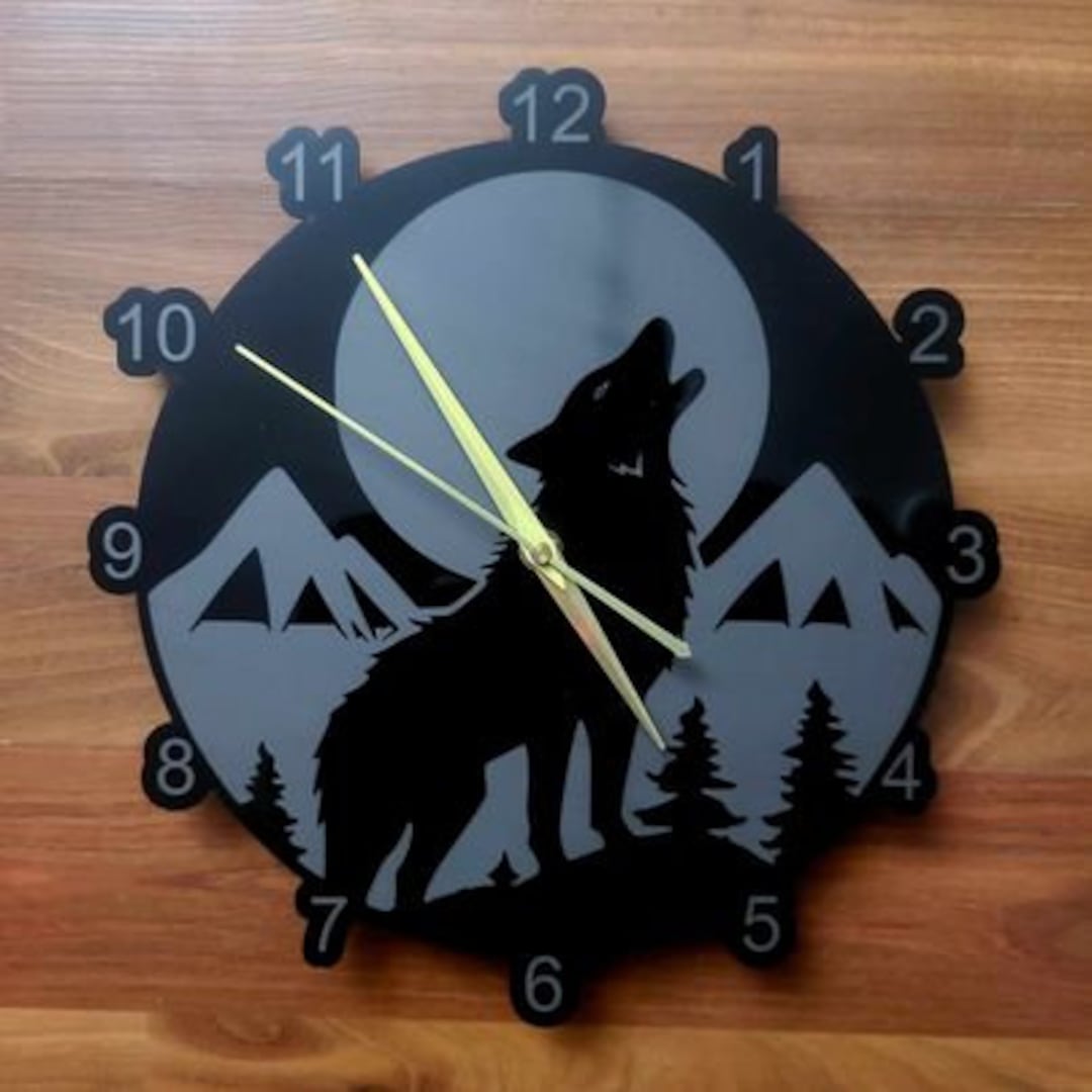 Howling Wolf Laser Engraved and Cut Wall Clock 3mm Black Cast Acrylic ...