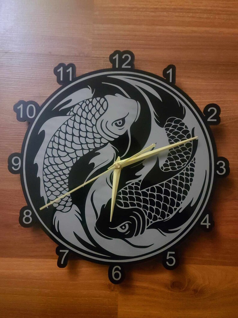 Koi Fish Yin Yang Laser Engraved and Cut Wall Clock 3mm Black Cast ...