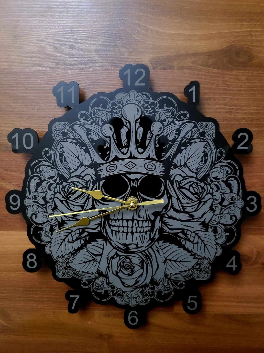 Laser Engraved and Cut Skull/crown Wall Clock 3mm Black Cast Acrylic ...