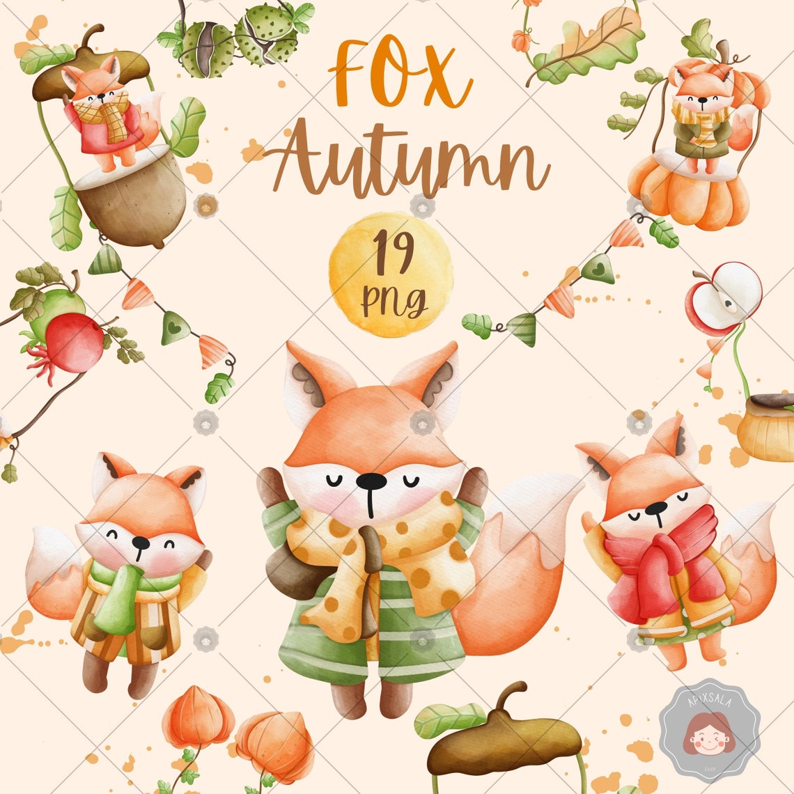 Watercolor Autumn Fox PNG Clipart Bundle, Fall Fox PNG Clipart ...