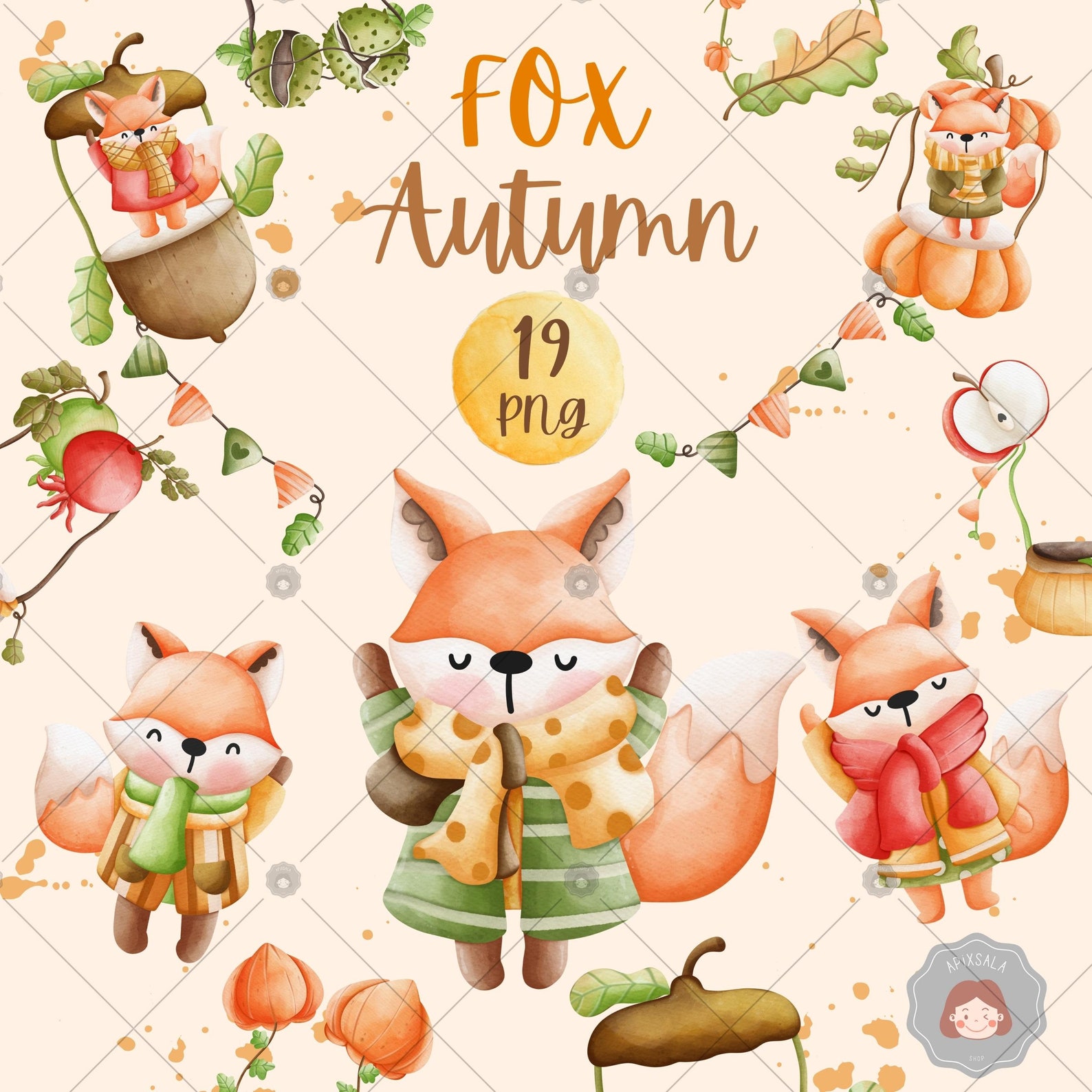 Watercolor Autumn Fox PNG Clipart Bundle, Fall Fox PNG Clipart ...