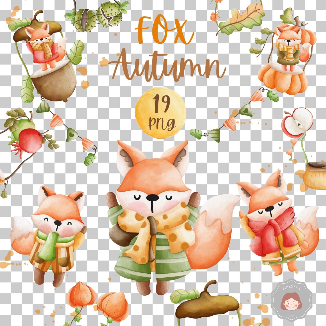 Watercolor Autumn Fox PNG Clipart Bundle, Fall Fox PNG Clipart ...