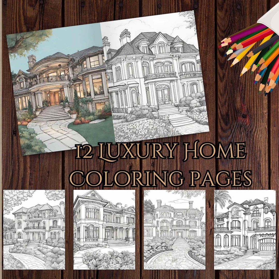 12 Lavish Luxury Home Coloring Pages, Exquisite Estates, Instant ...