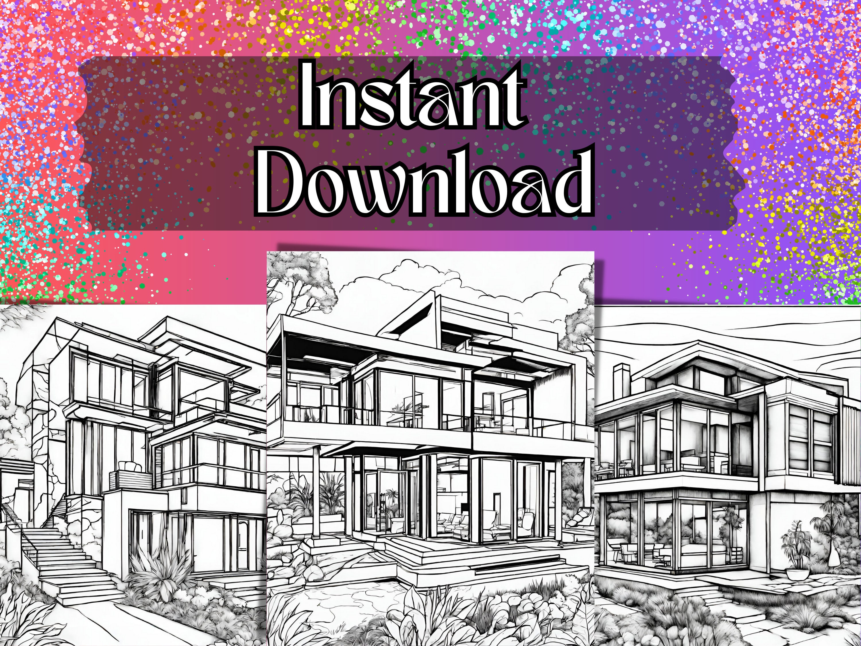 Luxury Modern Home Coloring Pages, Exquisite Estates, Instant Download ...
