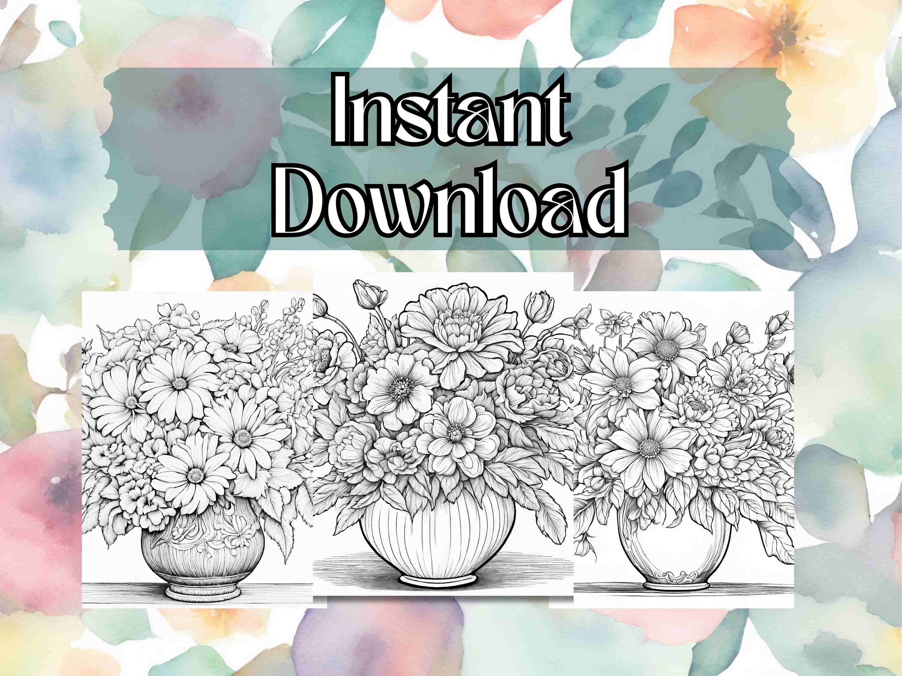 Vivid Vases: A Blooming Coloring Adventure, 12 Blooming Flower Vase ...