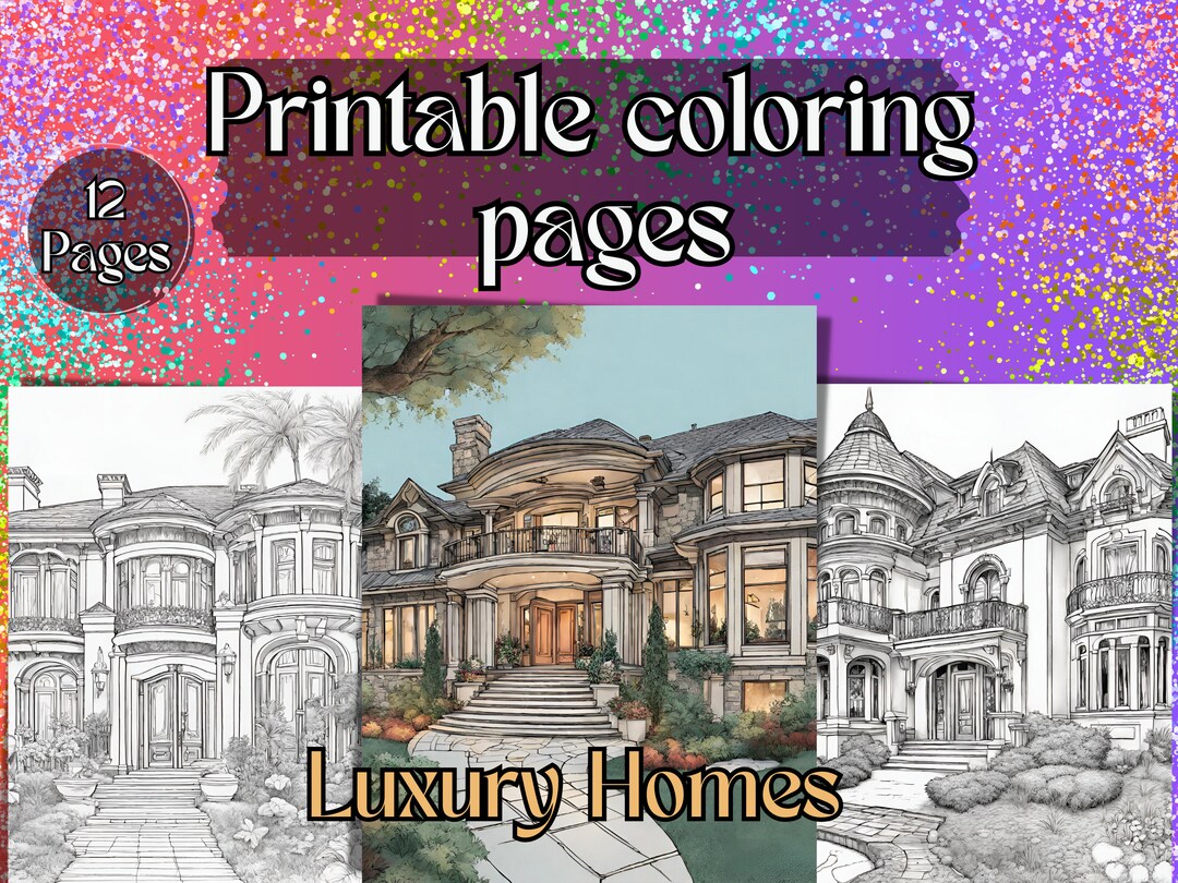 12 Lavish Luxury Home Coloring Pages, Exquisite Estates, Instant ...