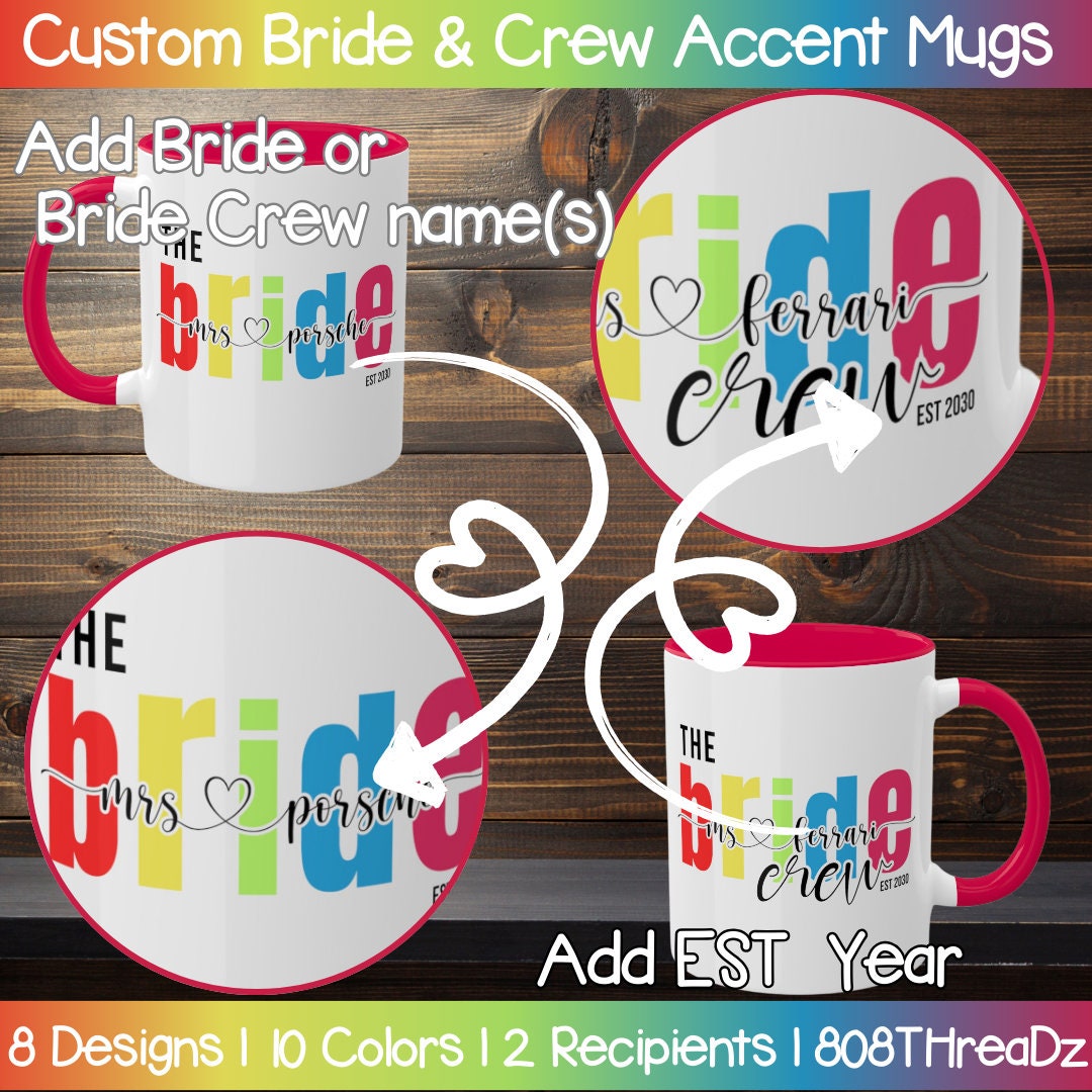 Custom Bride & Crew Mugs; Matching Mug Set; Group Gift Set; Colorful ...