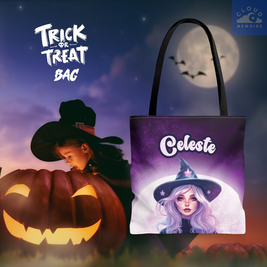 Personalized Witch Tote Bag, Halloween Tote Bag, Purple Trick or Treat ...