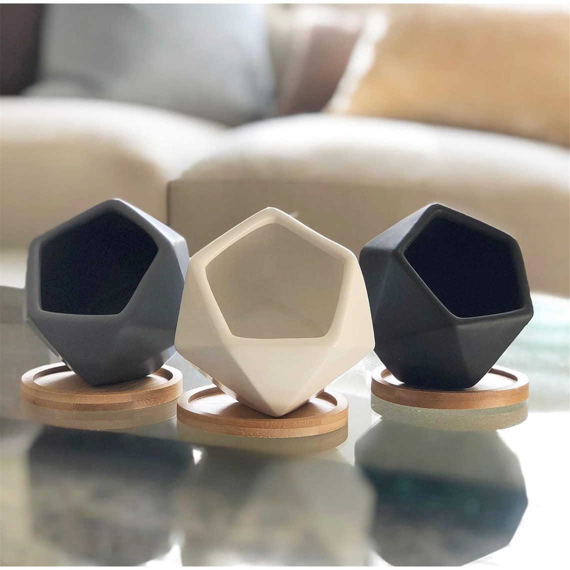 Modern Geometric Ceramic Succulent Pots 3 Planters With Drainage Bamboo ...