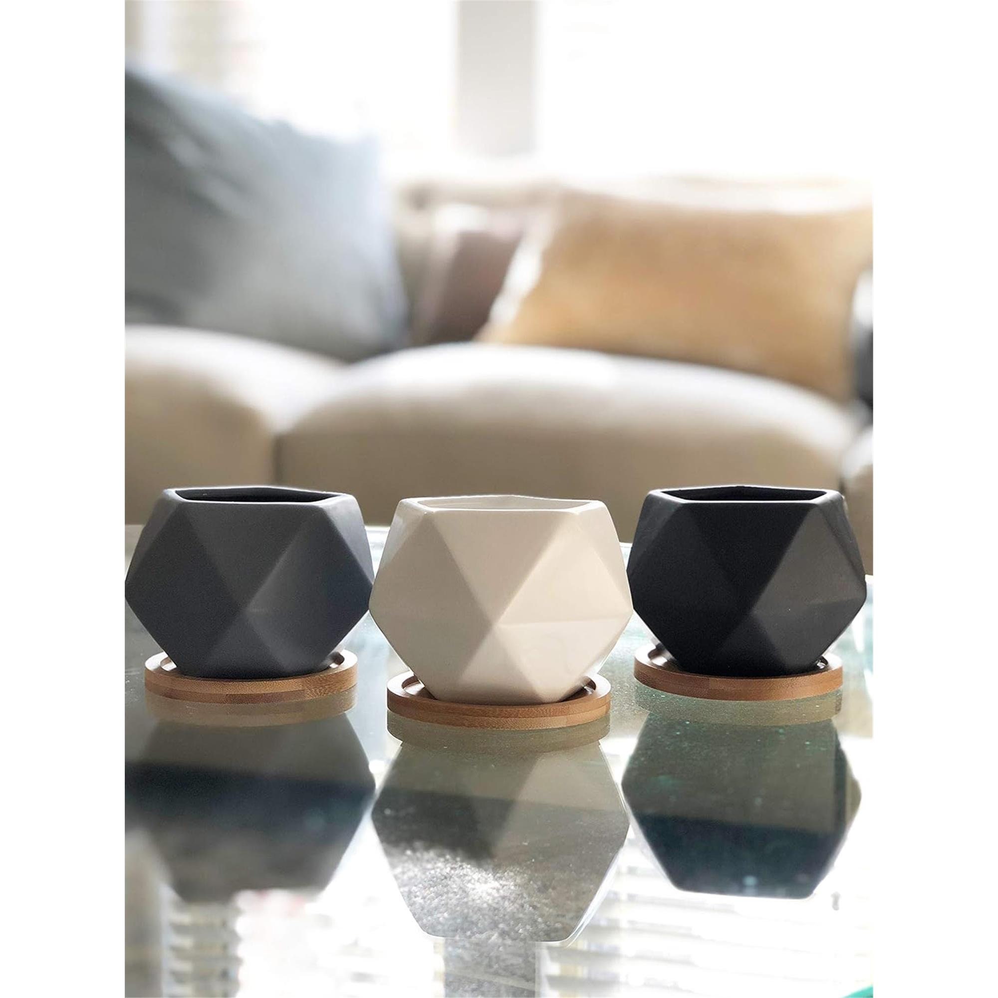 Modern Geometric Ceramic Succulent Pots 3 Planters With Drainage Bamboo ...