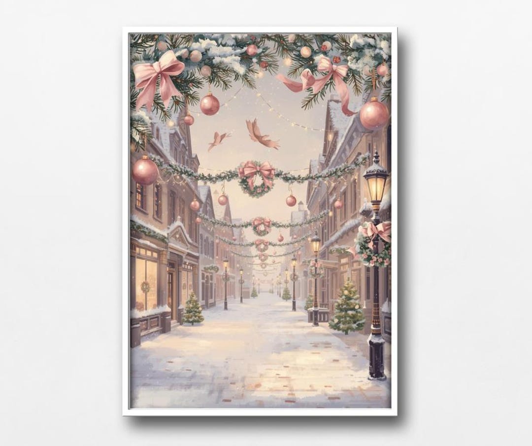 Soft Pink Christmas Village Wall Art Pastel Holiday Street Scene Blush ...