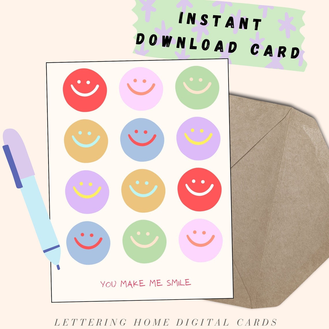 Smiley Face Digital Download Card, Smiley Face Card, You Make Me Smile ...