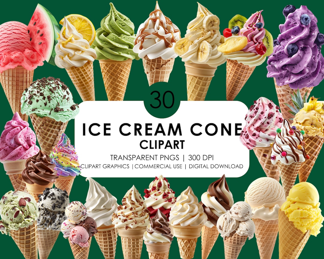 Ice Cream Cone Clipart: 30 Summer PNG Graphics, Realistic Clipart ...