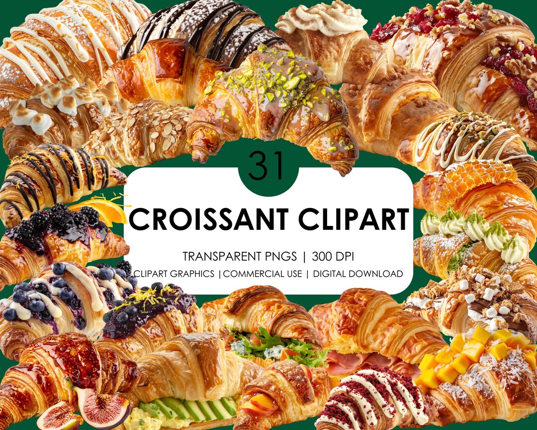 Croissant Clipart: 31 Realistic French Pastry PNG Graphics (digital ...