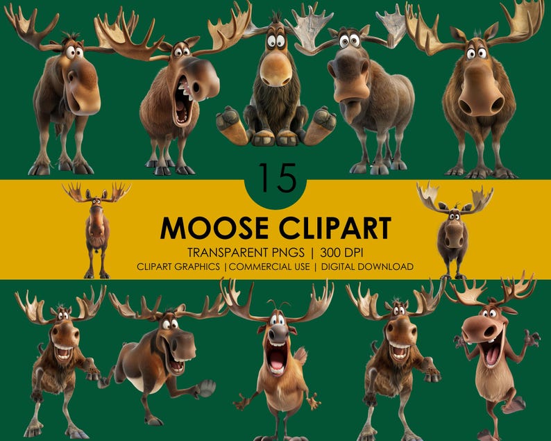 Moose Clipart: Funny Cartoon Animals (digital Download) - Etsy