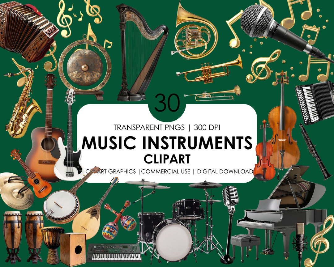 30 Music Instruments Clipart| Musical Note| Realistic Clipart| Digital ...