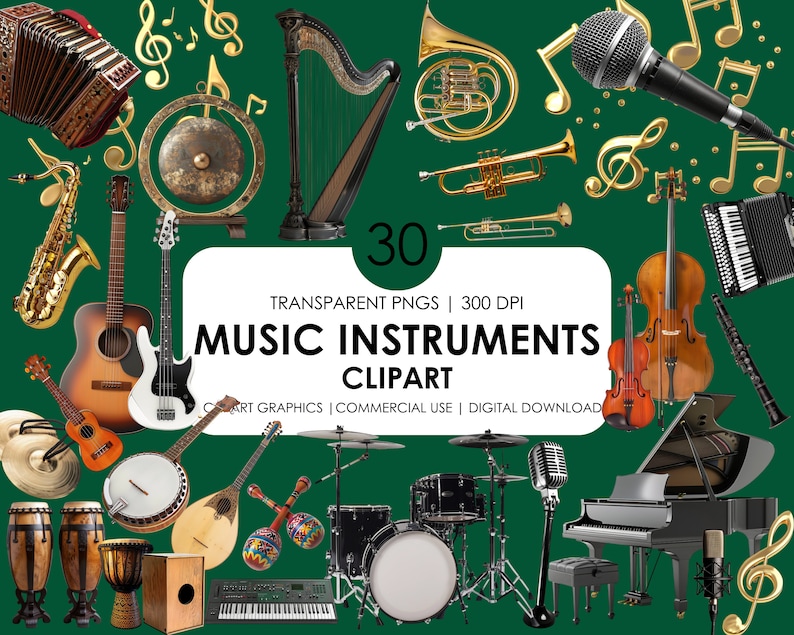 30 Music Instruments Clipart| Musical Note| Realistic Clipart| Digital ...