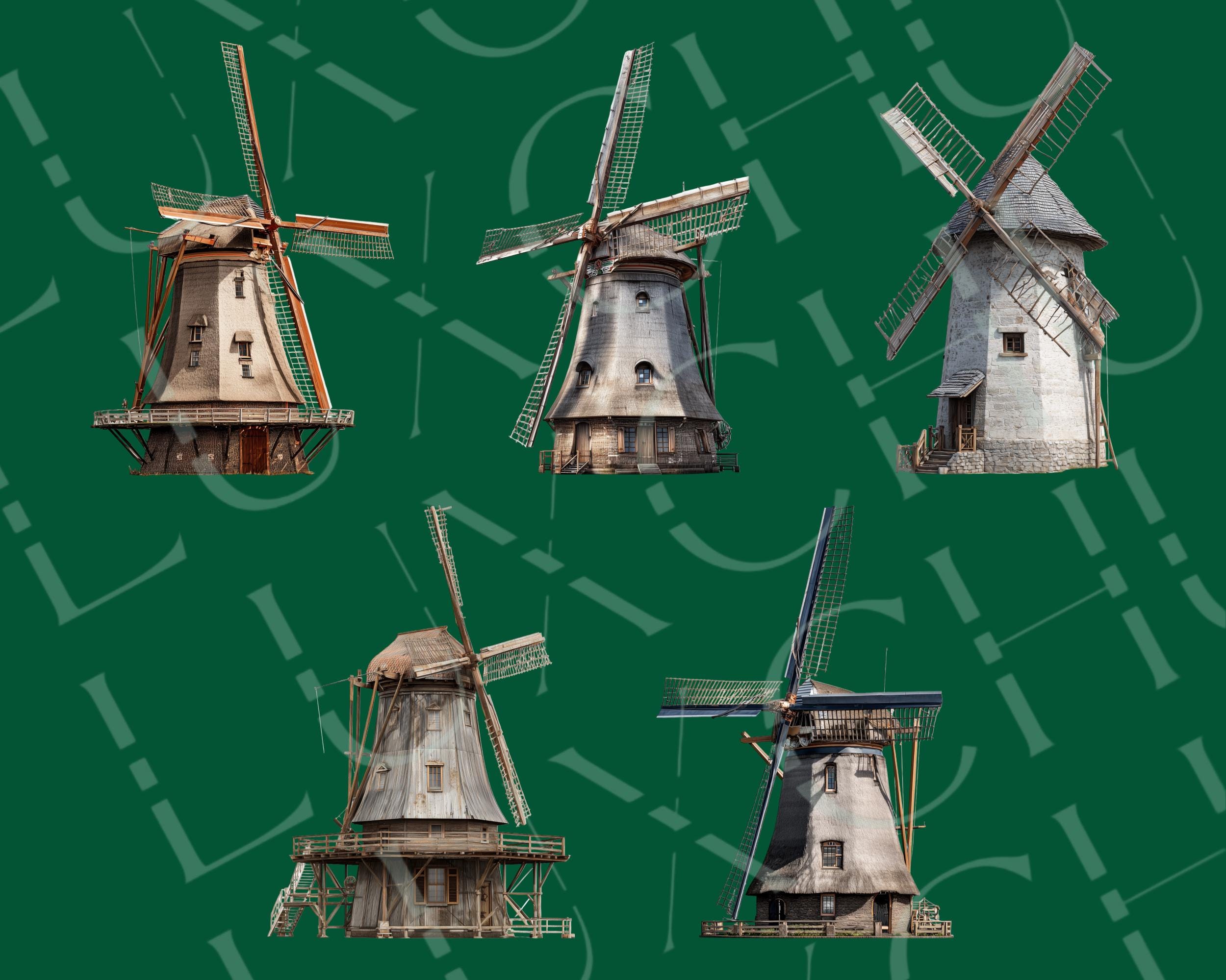 Rustic Windmill Clipart: Farmhouse Landscape PNG Graphics (digital ...