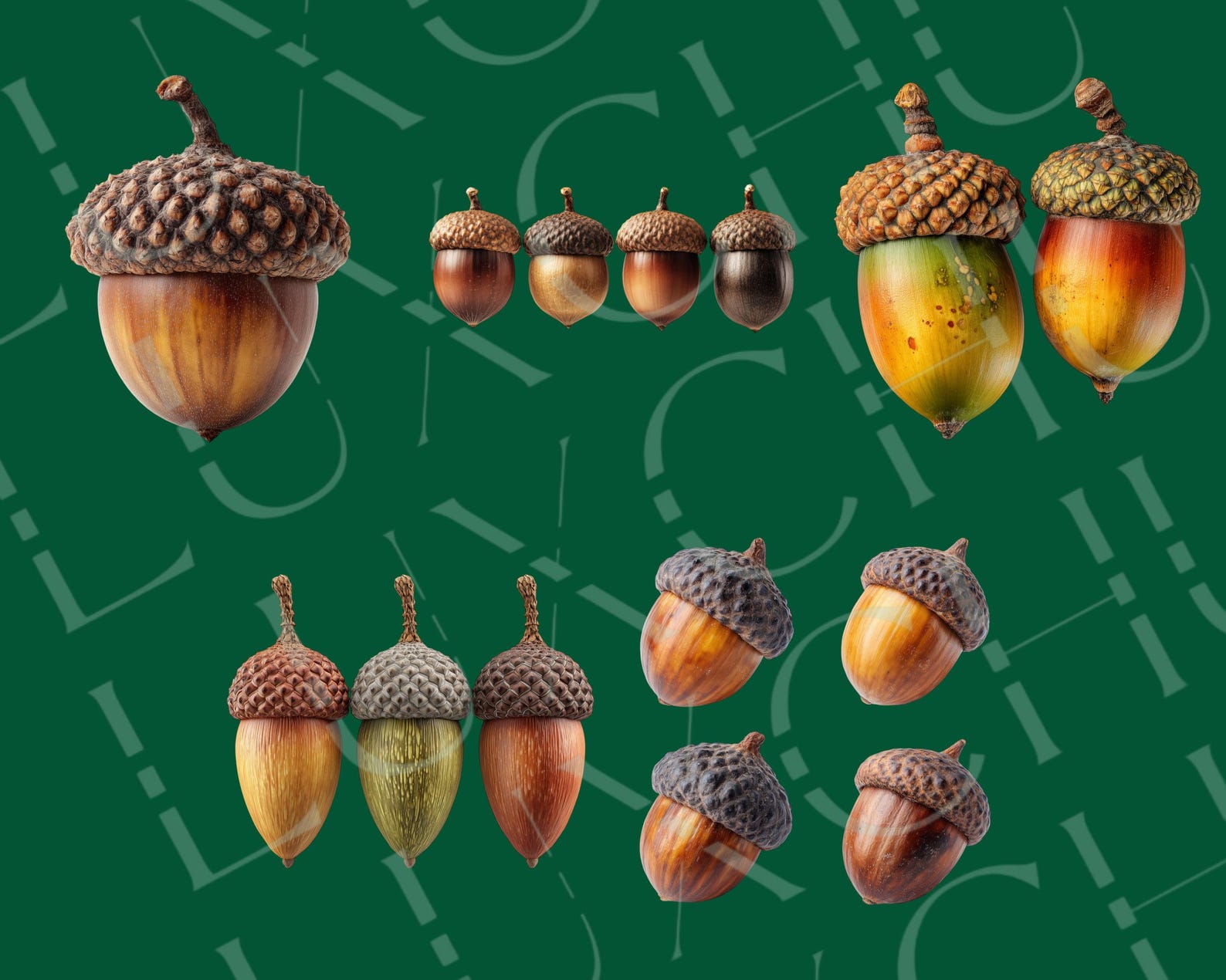 Realistic Autumn Acorn Clipart: Fall Harvest PNG Graphics (digital ...
