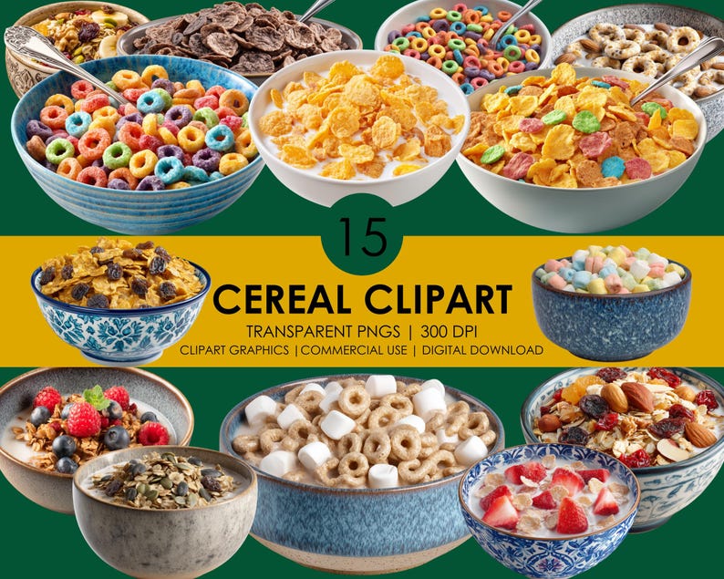 Cereal Bowl Clipart: Breakfast Food PNG Graphics (digital Download, 300 ...