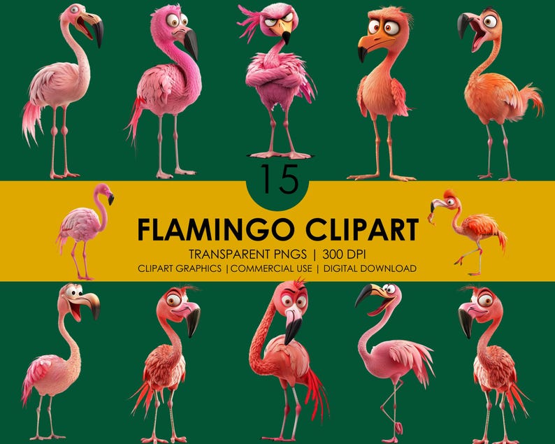 15 Cartoon Flamingo Clipart PNG Images (digital Download) - Etsy